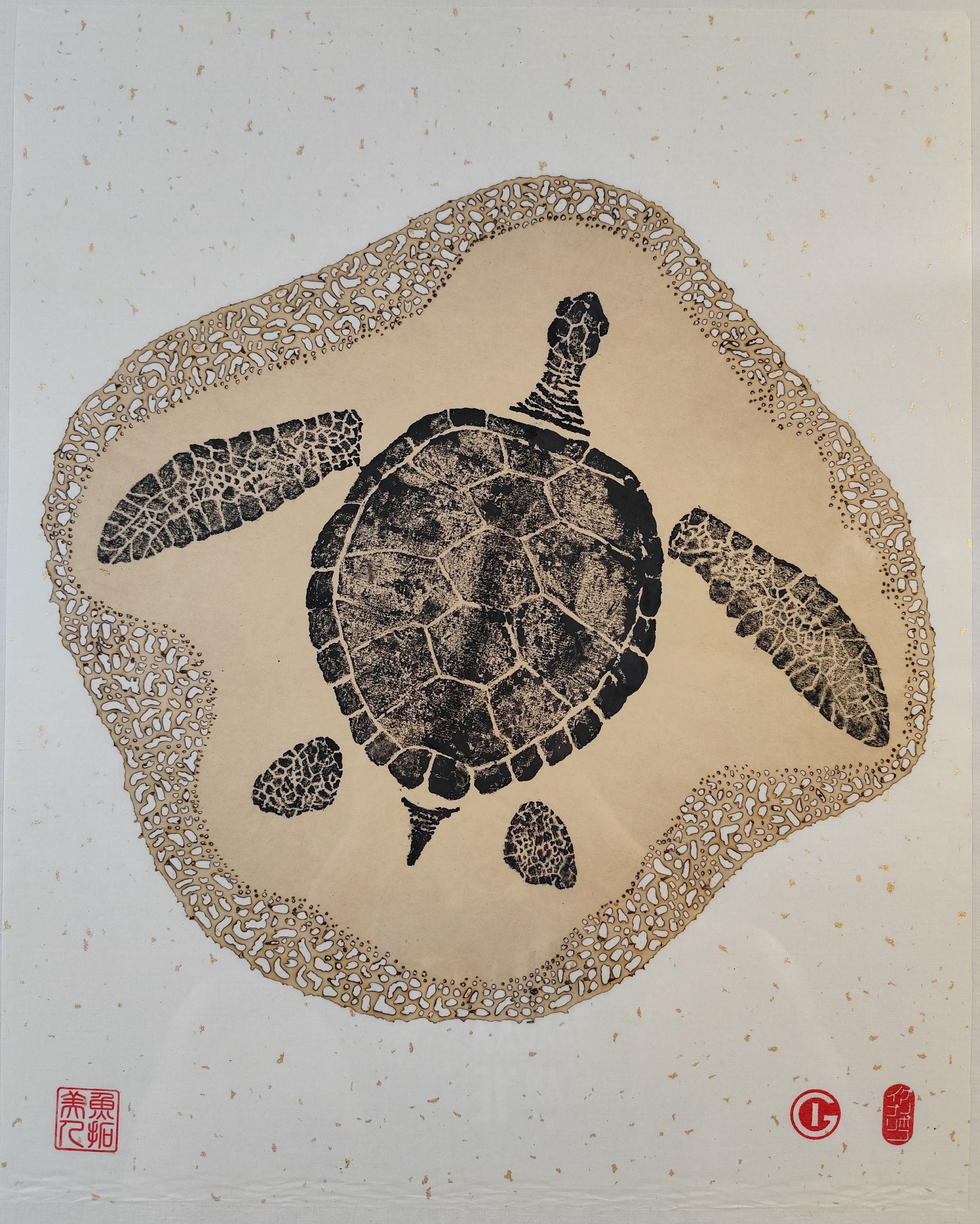 Sea Turtle Print, Gyotaku Original, Two-layer Applique, Turtle Painting ...