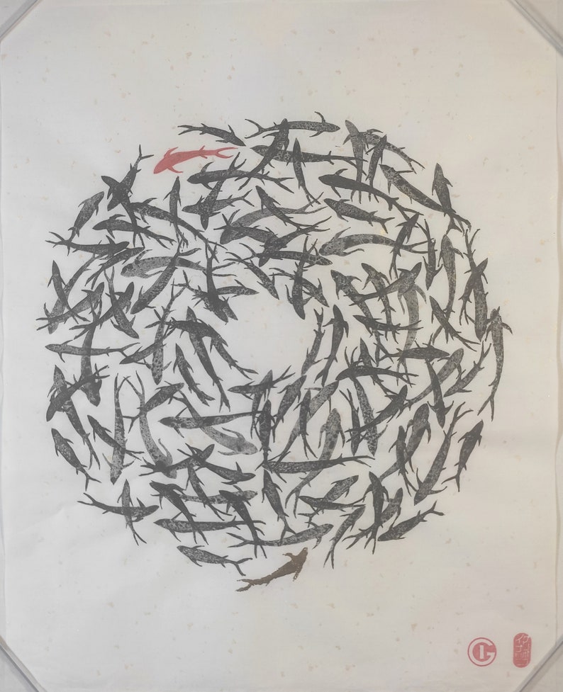 Linocut Fish, Fish Flock, Gold Leaf, Fish Stump Prints, Nature Decor ...