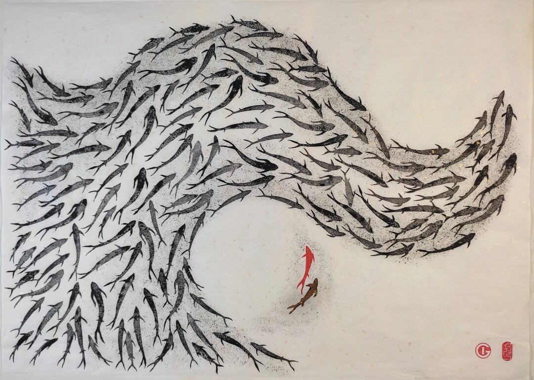 Linocut Fish, Flock of Fish Print, Rice Paper, Fish Stump Prints ...