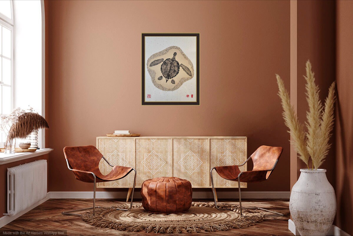 Sea Turtle Print, Gyotaku Original, Two-layer Applique, Turtle Painting ...