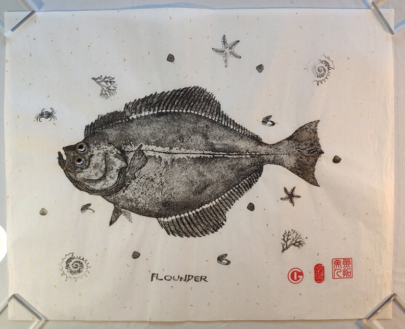 Gyotaku Flounder Fish Print, Original Japanese Art, Nautical Decor - Etsy
