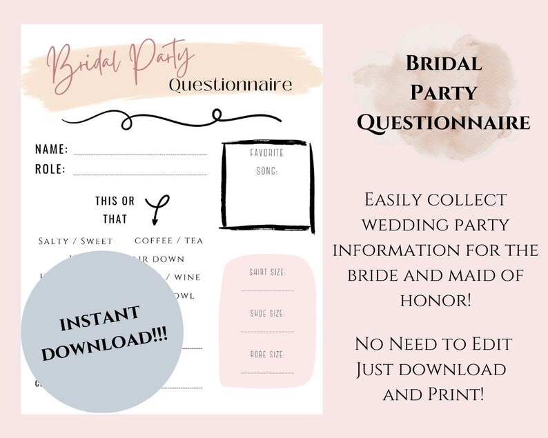 Bridesmaid Questionnaire, Maid of Honor Survey, Bridal Party ...