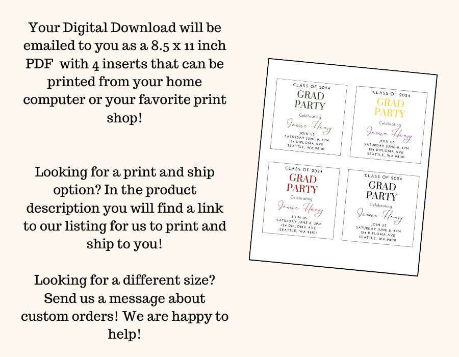Printable Square Grad Party Inserts, Custom Graduation Details ...