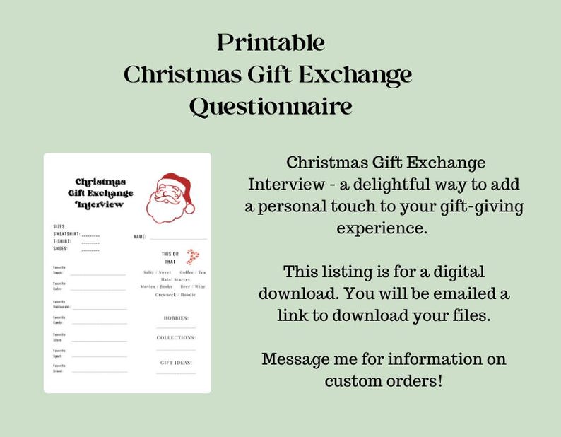 Printable Gift Exchange Questionnaire, Christmas Gift Exchange ...