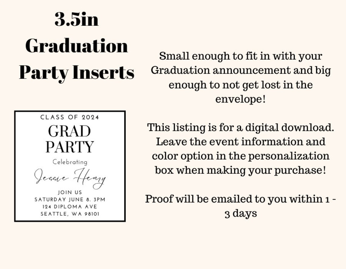 Printable Square Grad Party Inserts, Custom Graduation Details ...