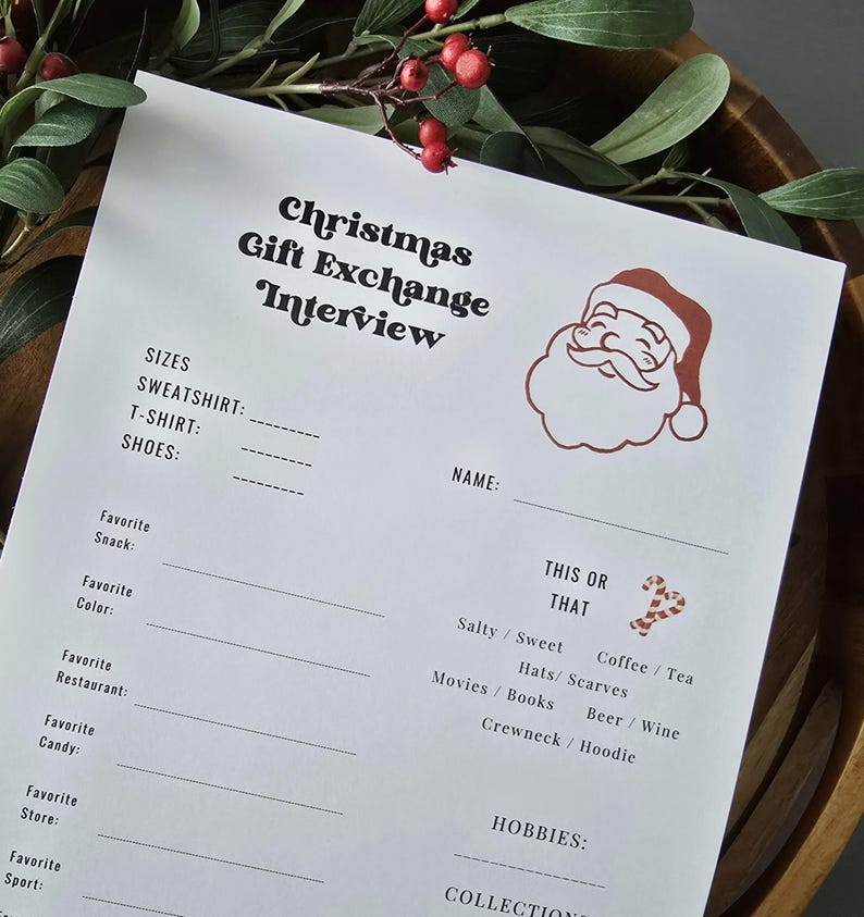 Printable Gift Exchange Questionnaire, Christmas Gift Exchange ...