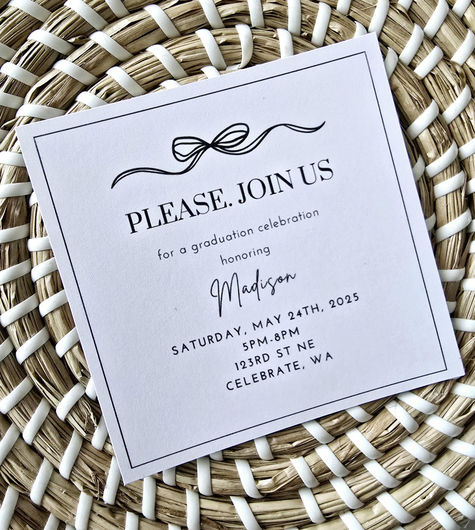 Printable Square Grad Party Inserts, Bow Graduation Party Invites, Custom Graduation ...