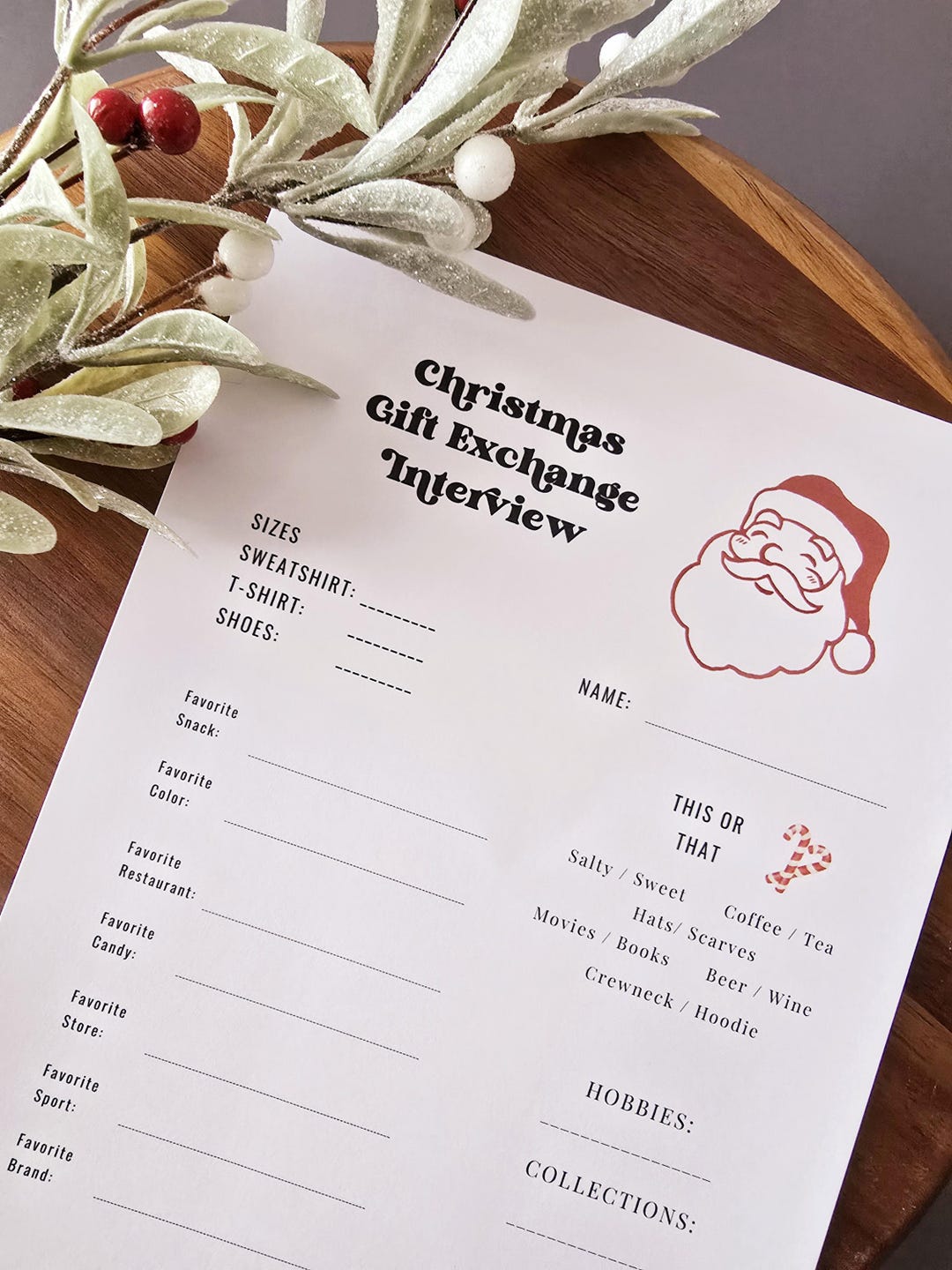 Printable Gift Exchange Questionnaire, Christmas Gift Exchange ...