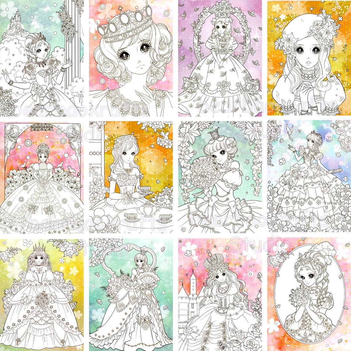 20 Pages Cute Fancy Princess Coloring Book Pages-colored - Etsy