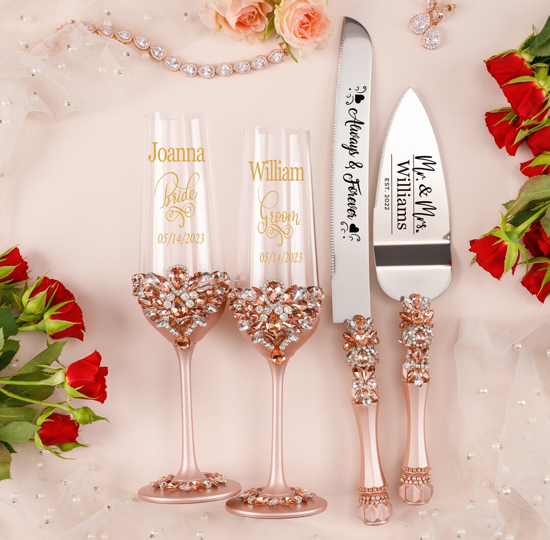 Champagne Glasses, Rose Gold Silver Wedding Glasses and Cake Server Set ...