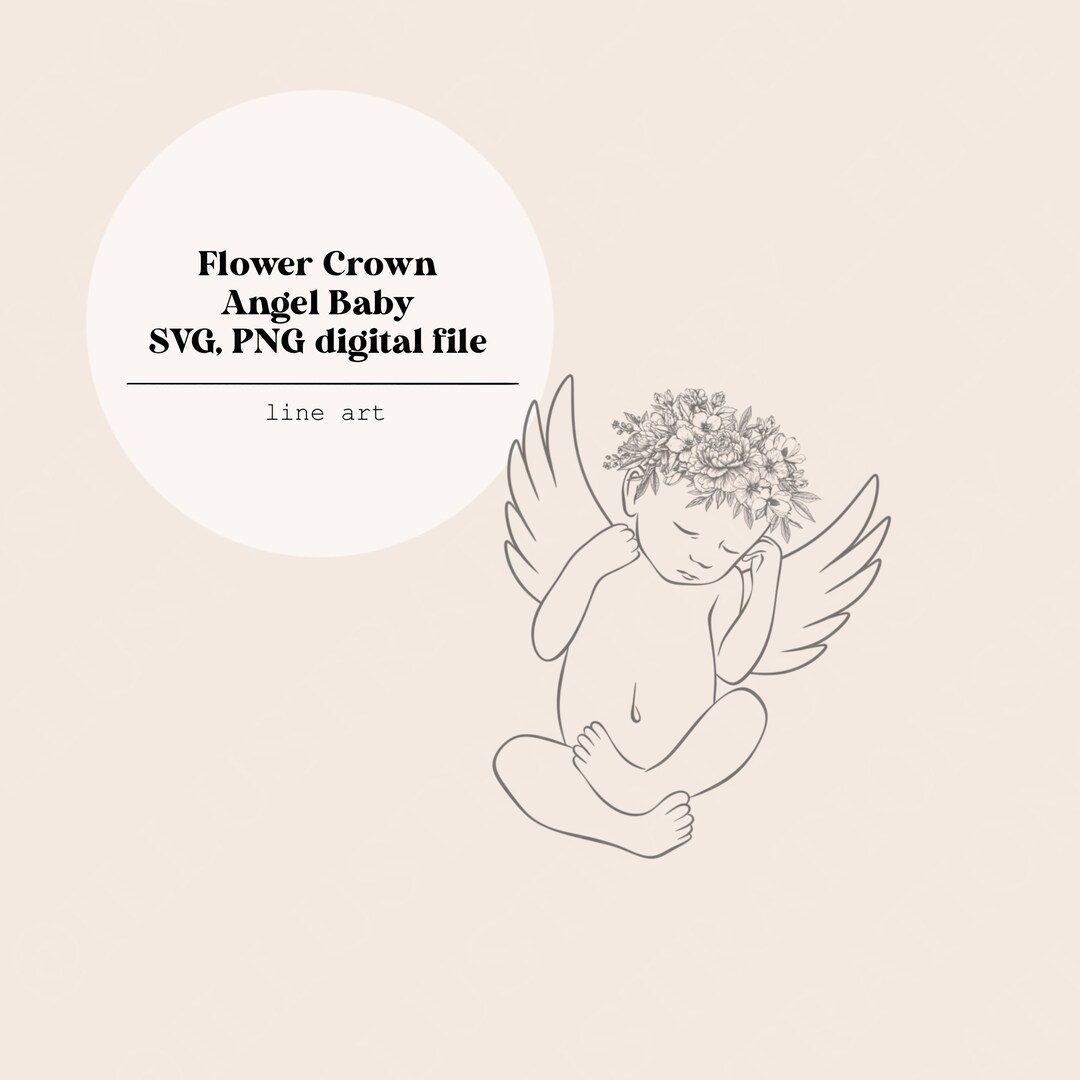 Flower Crown Angel Baby Line Art Drawing | Newborn Line Drawing Digital ...