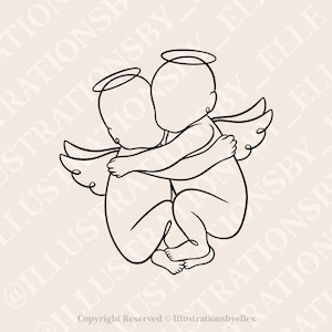 Twin Angel Baby Line Art | Twin Angel Wings Line Drawing | Newborn ...
