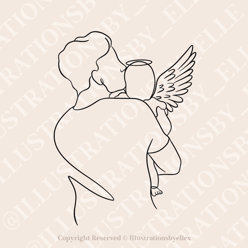 Father Angel Baby Line Art | Child Miscarriage Line Drawing | Memorial ...