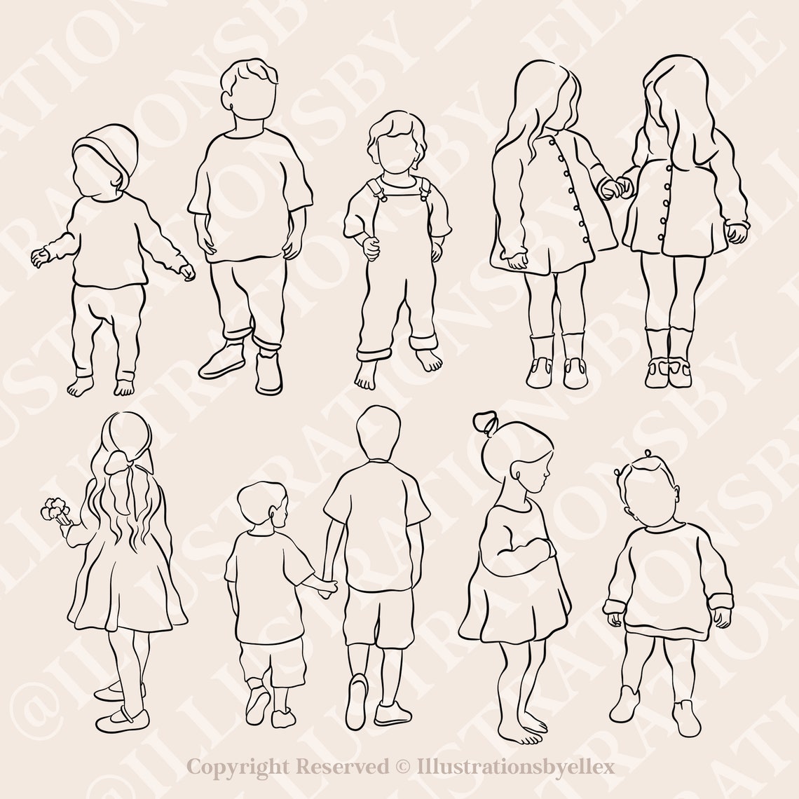 Children Line Art Daughter Son Boy Girl Twins Siblings - Etsy