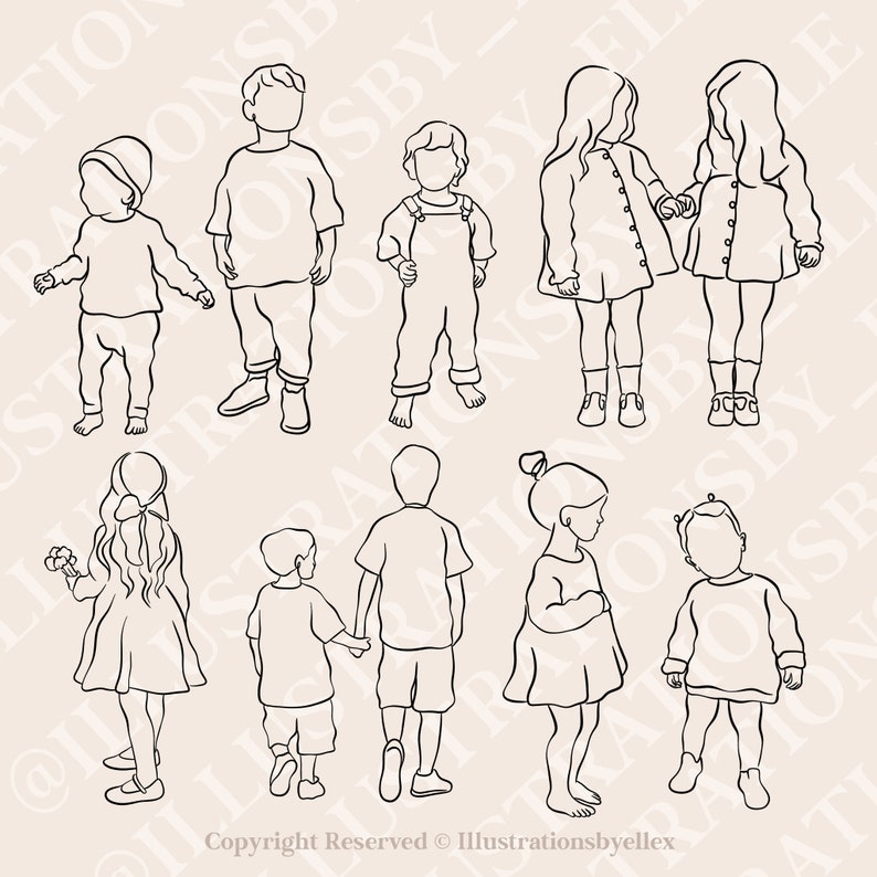 Children Line Art Daughter Son Boy Girl Twins Siblings - Etsy