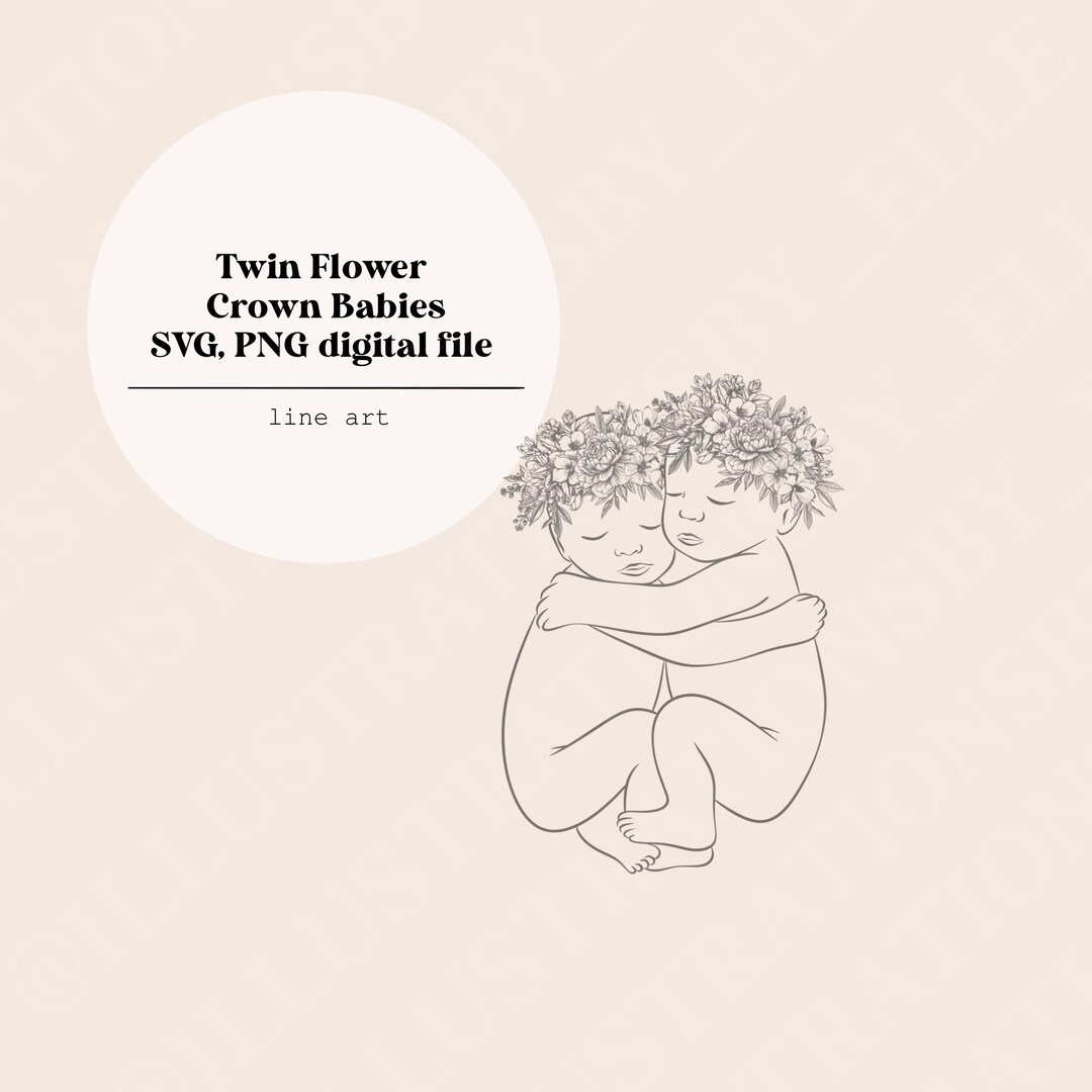 Twin Flower Crown Babies Line Art Drawing | Newborn Line Drawing ...