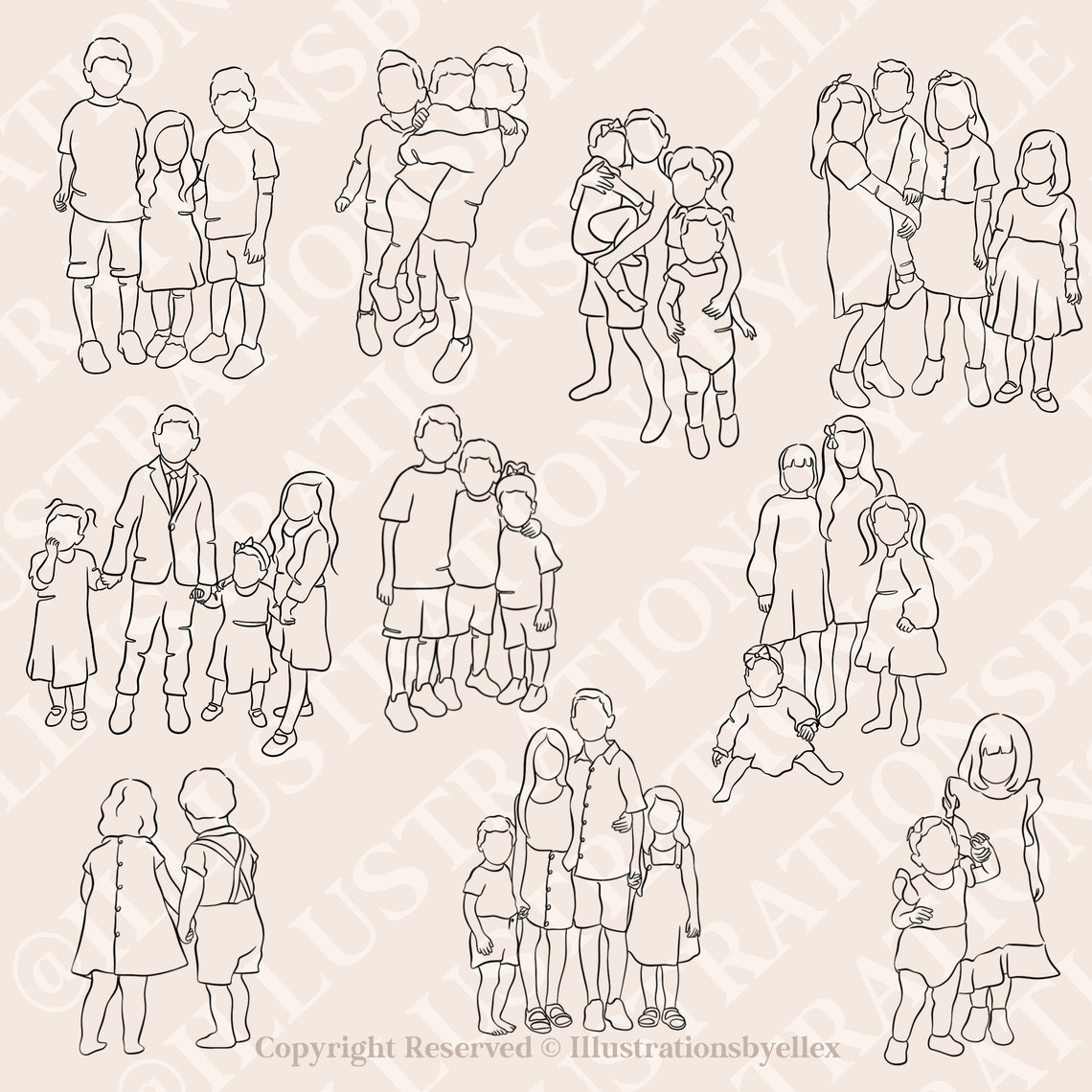Siblings Line Art Pre Drawn| Daughter, Son, Boy Girl, Siblings ...