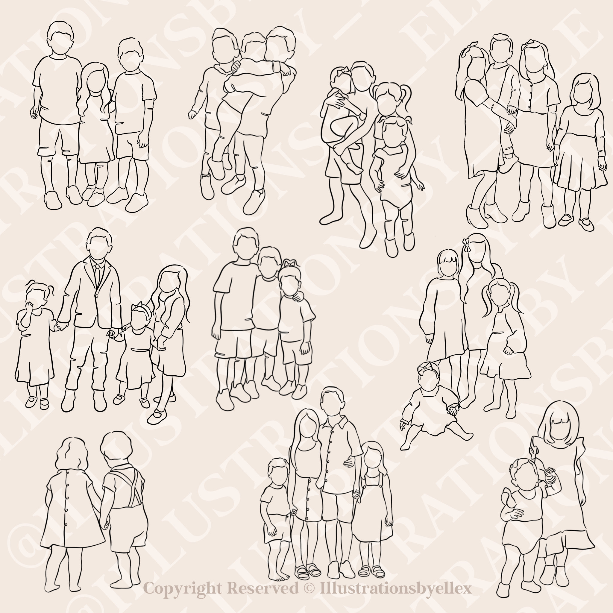 Siblings Line Art Pre Drawn| Daughter, Son, Boy Girl, Siblings ...