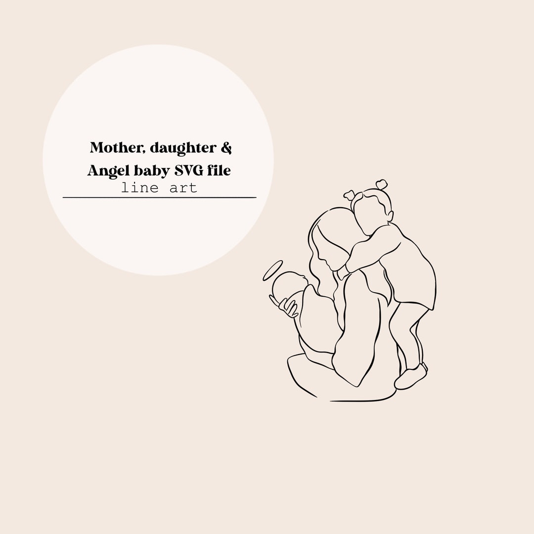 Mother, Daughter & Angel Baby Line Art Mother and Child Baby Line ...