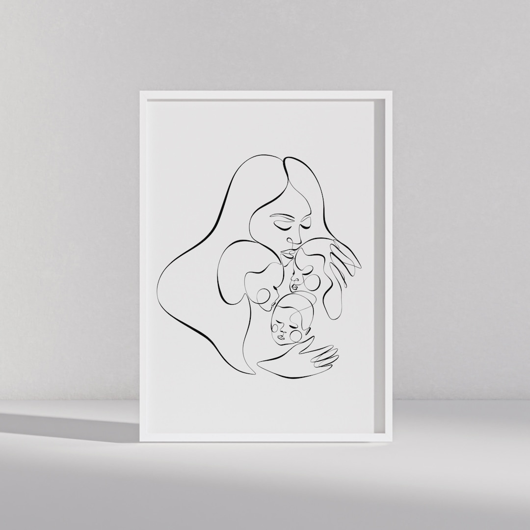 Mother and Children Print | Mother of 3 Drawing | Baby Digital Download ...