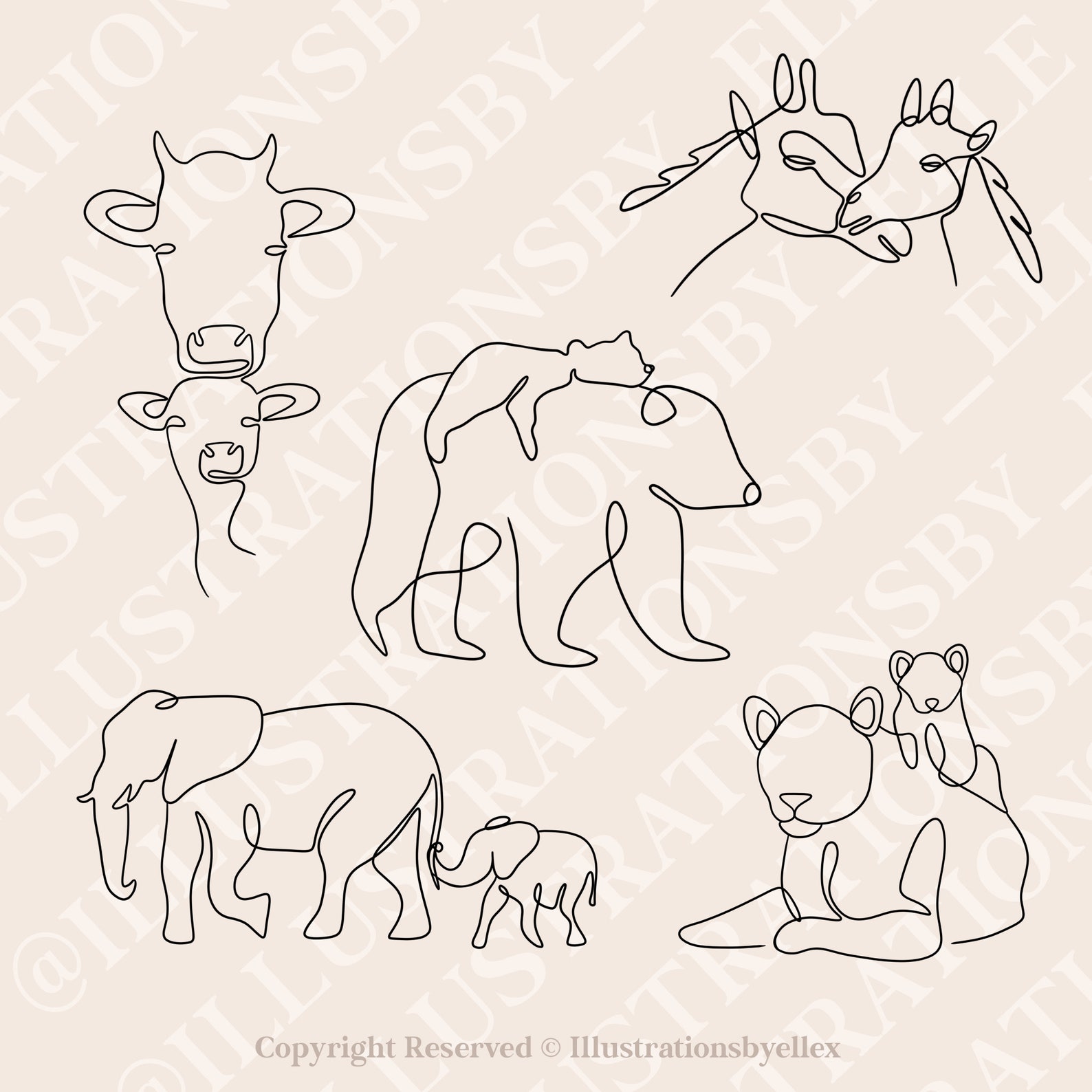 Mama & Cub Line Art Animals and Babies SVG PNG Ai - Etsy