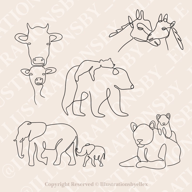 Mama & Cub Line Art Animals and Babies SVG PNG Ai - Etsy