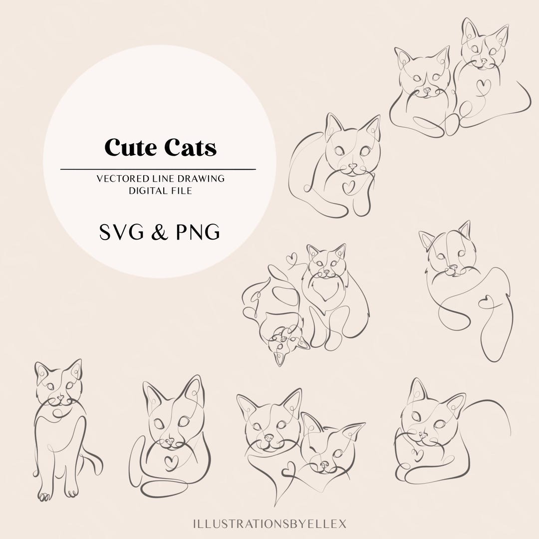 Cat Line Art | Cat, Kitten | Continuous Cats Digital File | Instant ...