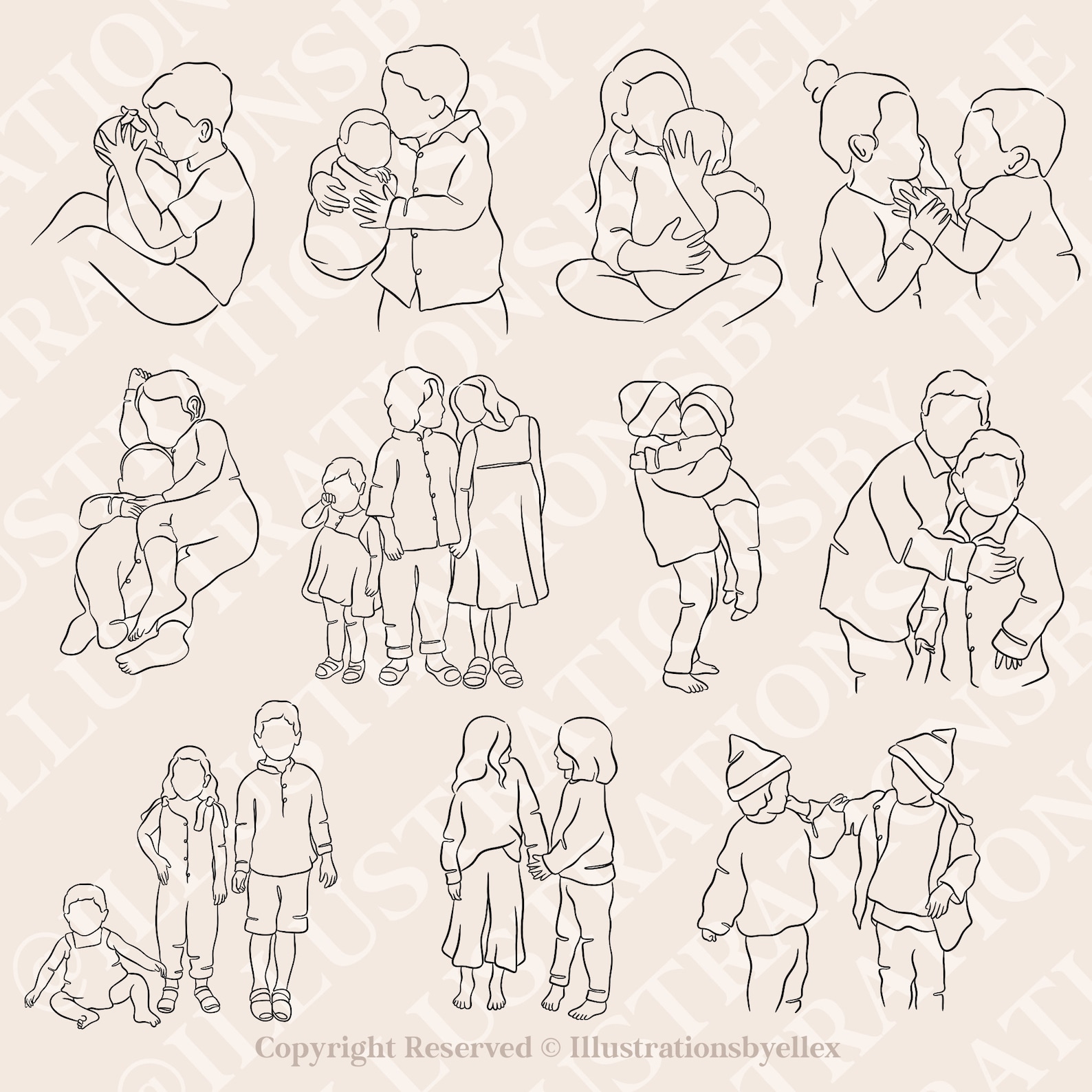 Siblings Line Art Pre Drawn| Daughter, Son, Boy Girl, Siblings ...