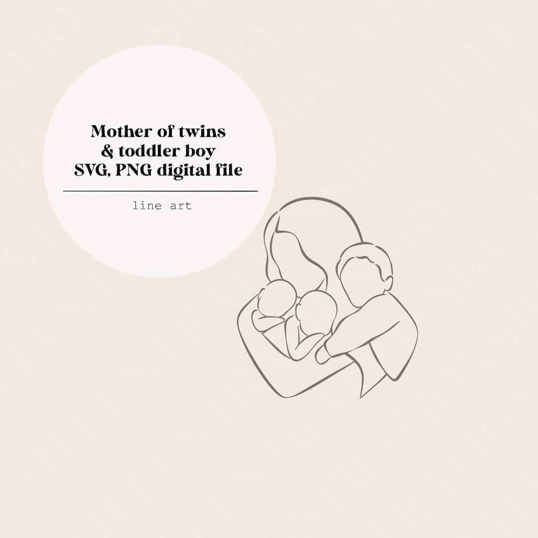 Mum of Twins and Toddler Boy Line Art | Mother and Child Baby Line ...