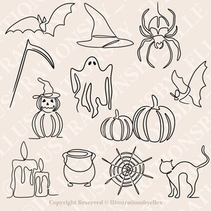 Halloween Line Art | Pumpkin, Ghost, Witch, Candles, Black Cat, Spider ...