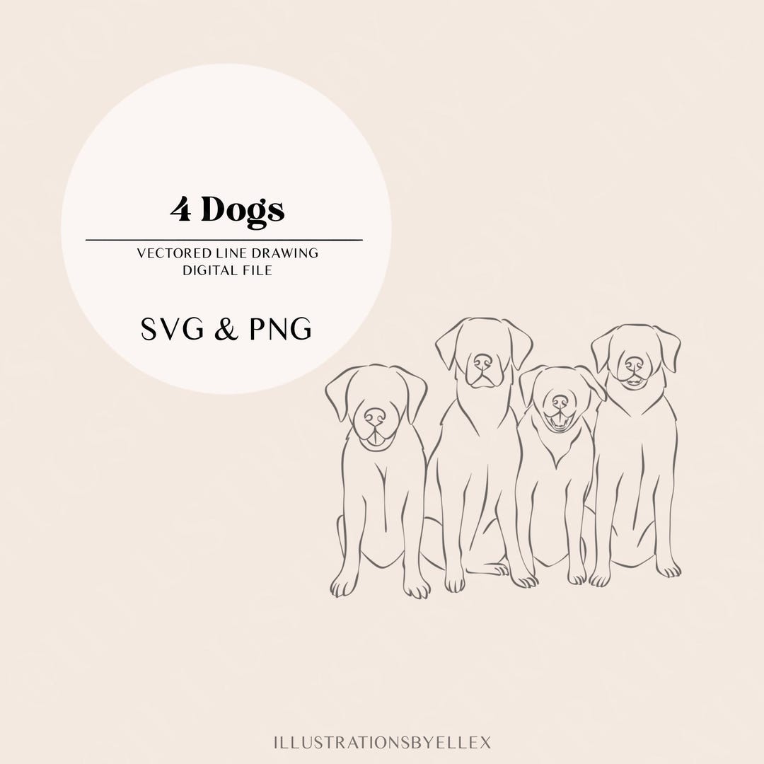 Four Dogs Line Art | Dog Puppies Line Drawing | Cute Dogs Line Digital ...
