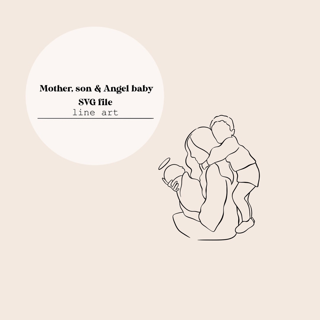 Mother, Son & Angel Baby Line Art | Mother and Child Baby Line Drawing ...