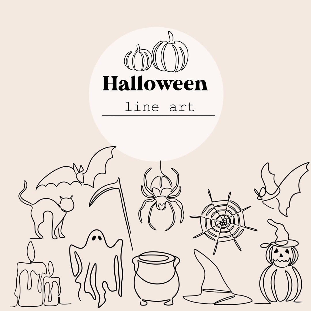Halloween Line Art | Pumpkin, Ghost, Witch, Candles, Black Cat, Spider ...