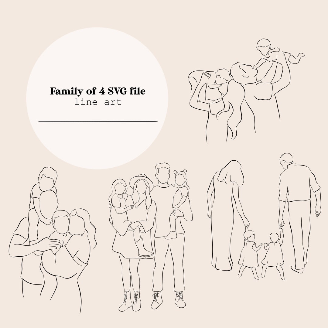 Family of 4 Line Art | Daughter, Son, Boy Girl, Twins, Siblings, Mother ...