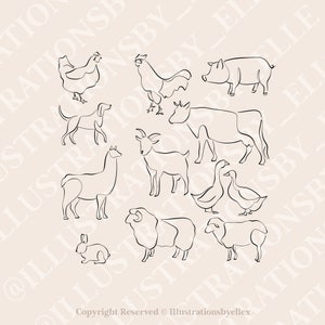 Farm Animals Line Art | Cow Chicken Ducks Sheep Dog Rabbit Goat| Farm ...