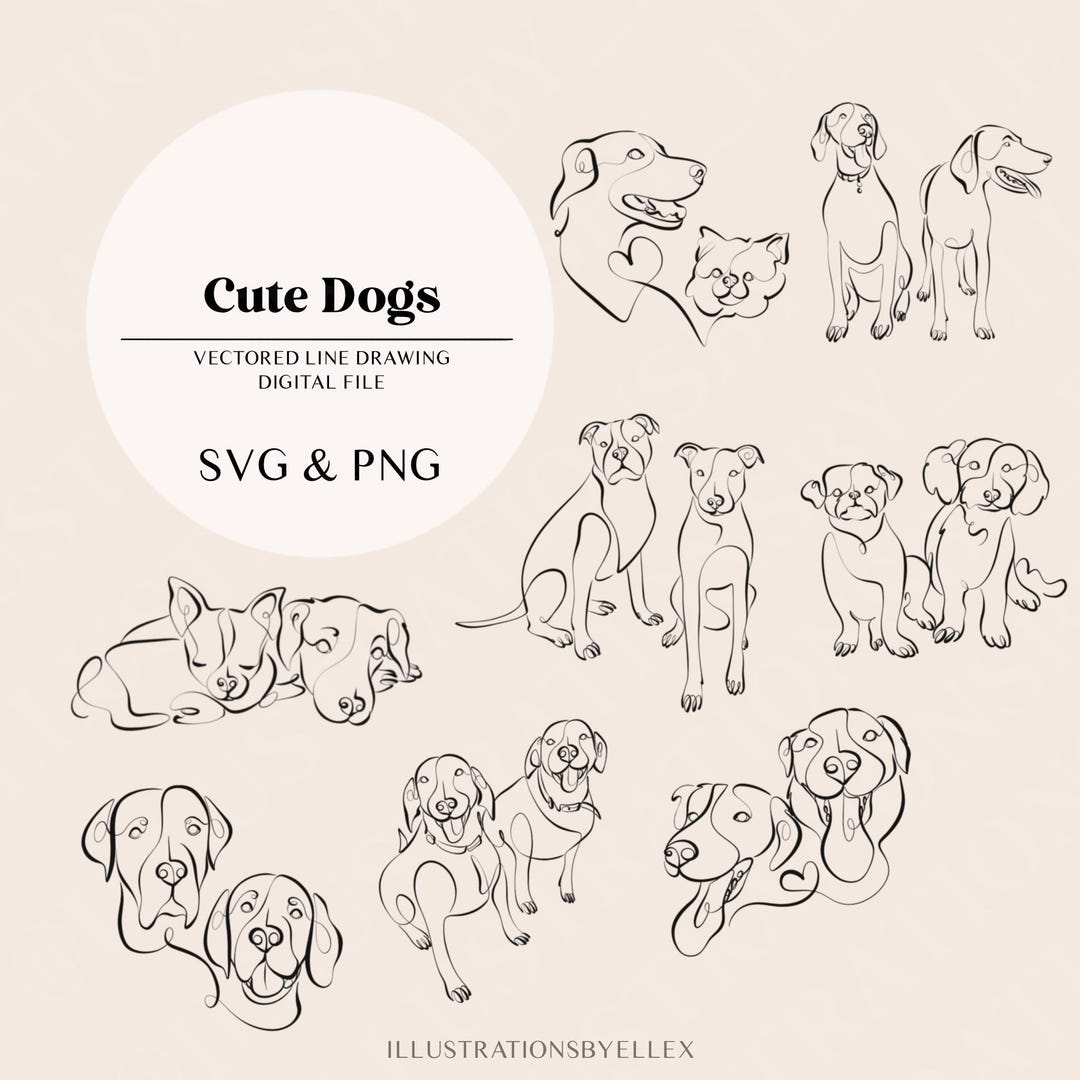 Dog Line Art | Dog Puppies Line Drawing | Cute Dogs Line Digital File ...