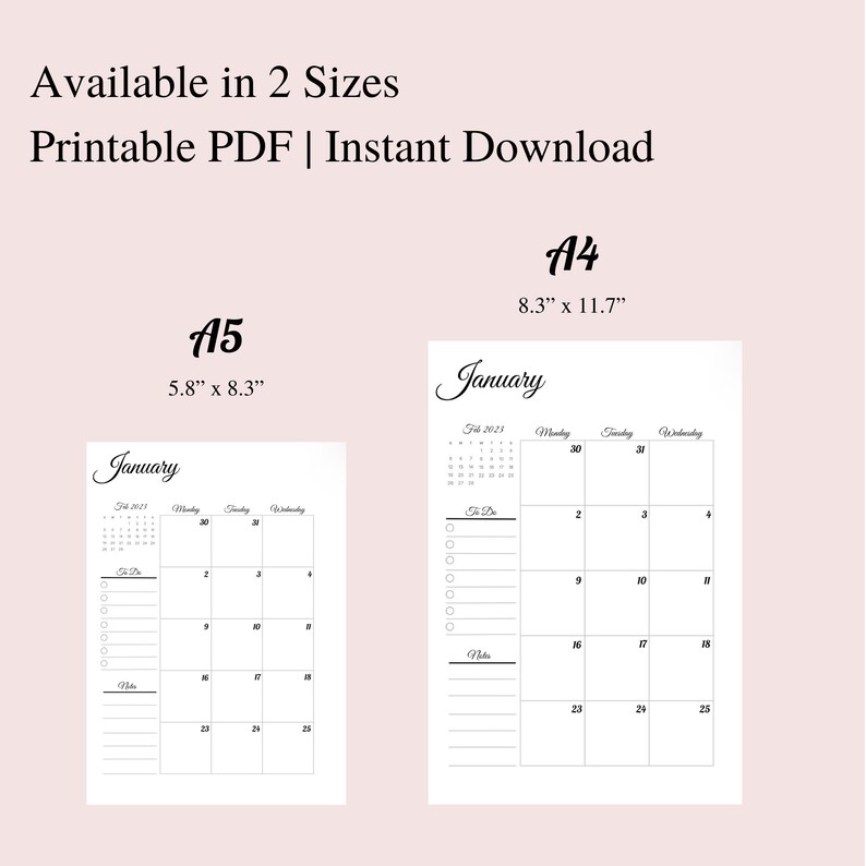 2023 Dated Monthly Calendar Printable Planner Inserts, A4 and A5 Size ...