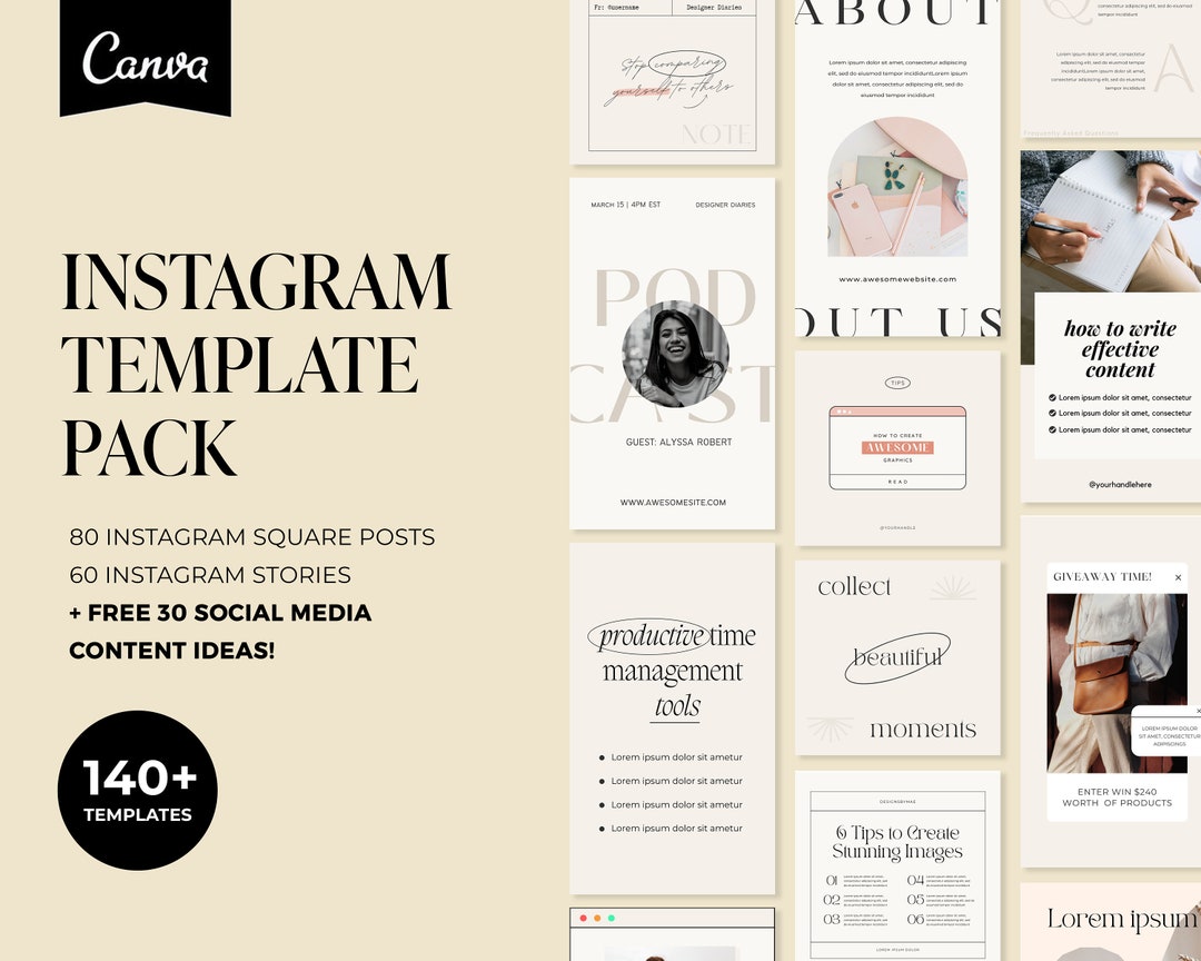 140+ Instagram Templates Pack | Minimal Social Media Templates Canva ...