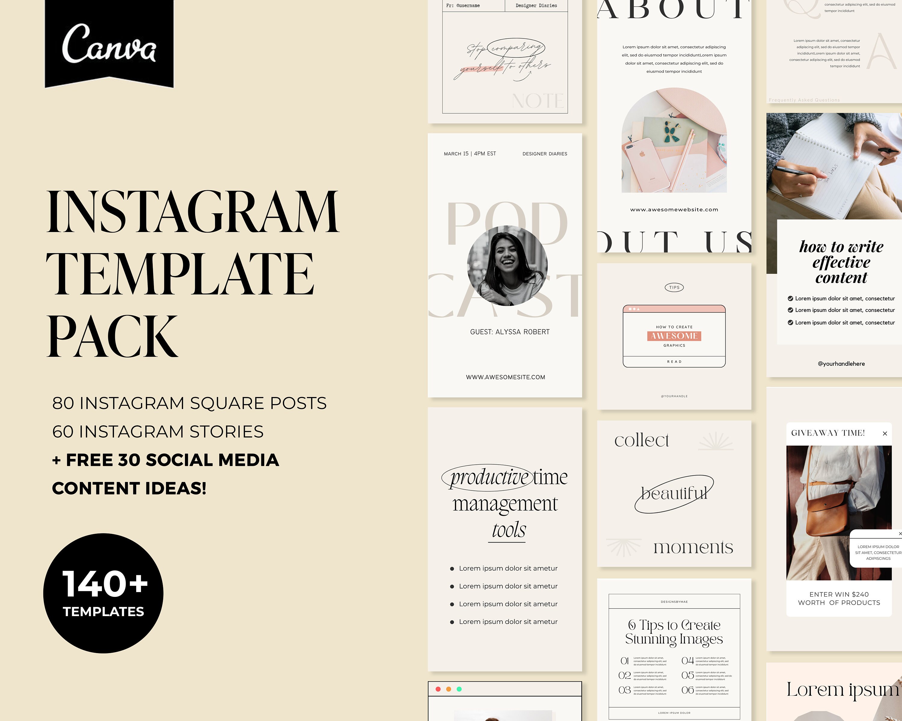 140 Instagram Templates Pack Minimal Social Media Templates Canva ...