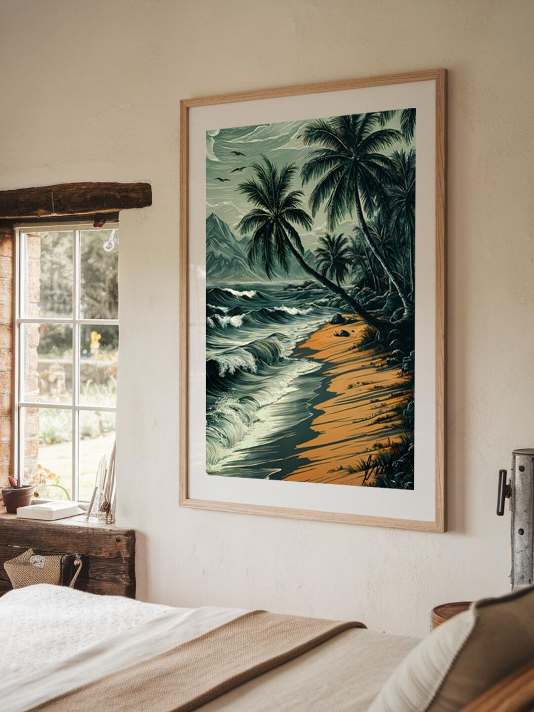 Seaside Landscape Linocut Style Illustration, Living Room Wall Painting ...