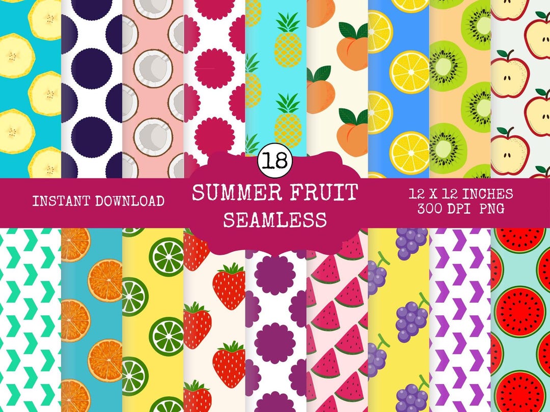 Summer Fruit Digital Paper Set: Seamless 12x12 Scrapbook Backgrounds ...
