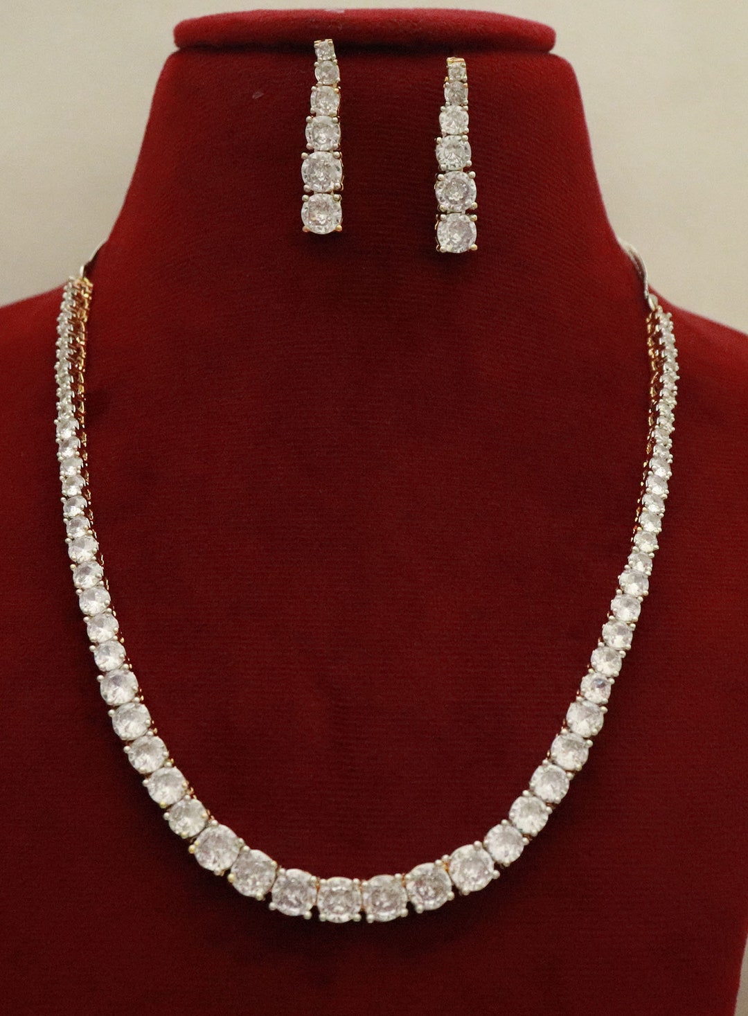 Single Line Gold Plated Solitaire Necklace Earrings Set/ CZ - Etsy