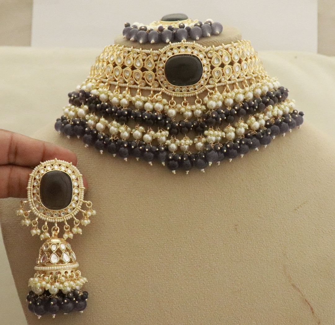 Indian Bridal Grey Prom Choker Necklace Earrings Tikka Jewelry/ Gold ...