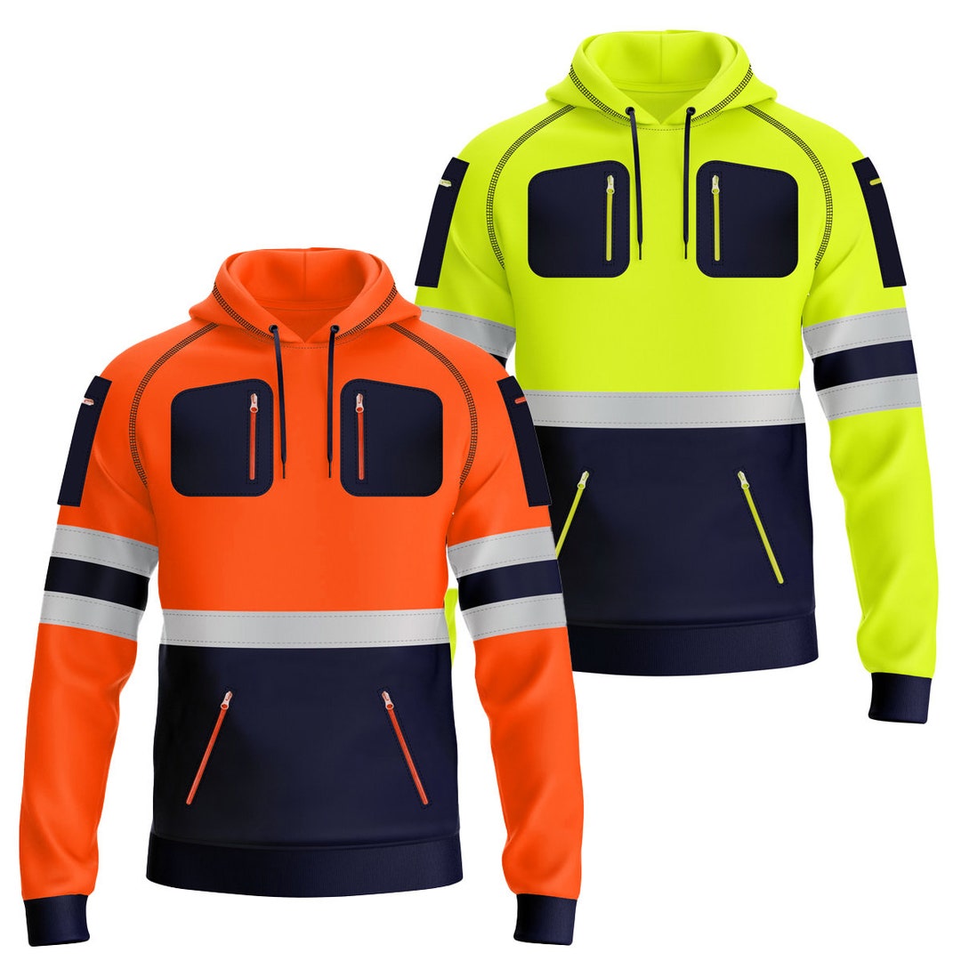 Mens Hi Viz Hi Visibility Reflective Tape Safety Work Wear Pullover Hooded Sweatshirt Top Hi Vis ...