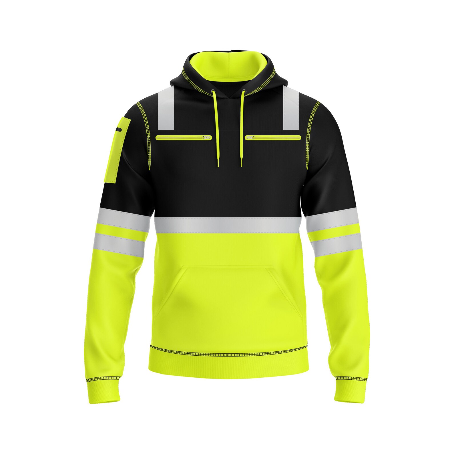 Mens Hi Viz Hi Visibility Work Wear Reflective Tape Contrast Pullover Hooded Sweatshirt Top Hi ...