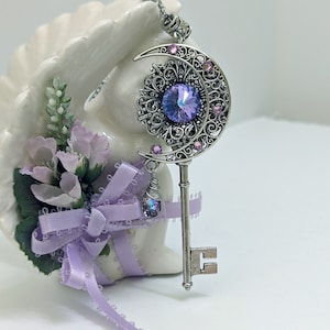 Magical Silver Crescent Moon Fantasy Key Necklace With Pink and Purple ...