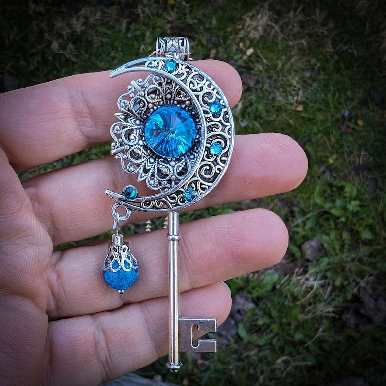 Moon Key Necklace: Handmade Fantasy Jewelry With Blue Austrian Crystals ...