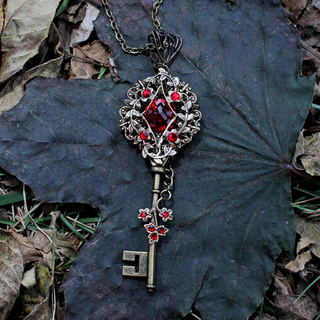 Enchanting Brass Elven Key Necklace With Red Swarovski Crystals, Unique ...