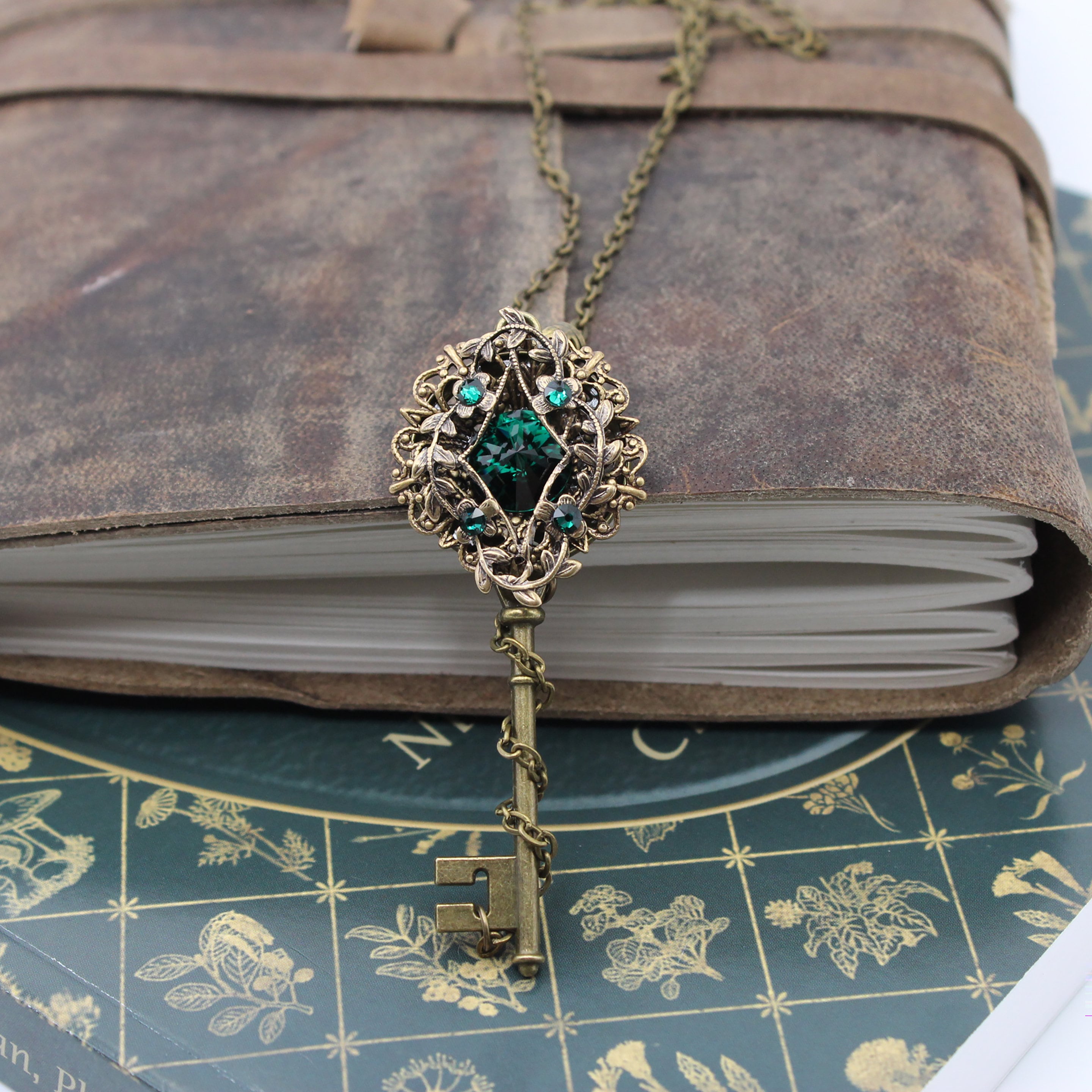 Emerald Swarovski Crystal Key Necklace: Floral Elven Fantasy Jewelry - Etsy