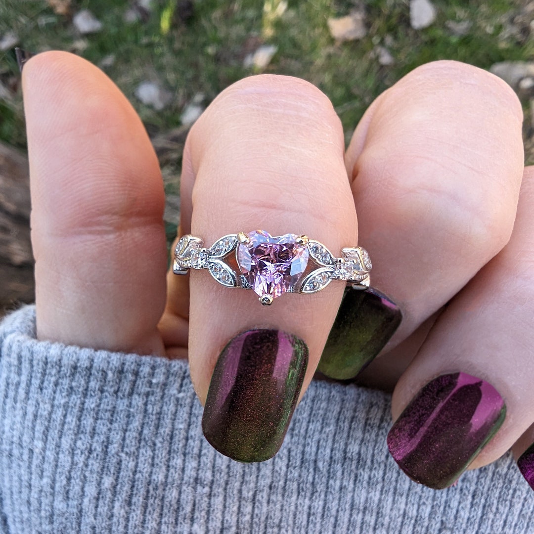 White Gold 925 Sterling Silver Pink Cubic Zirconia Crystal Heart Ring ...